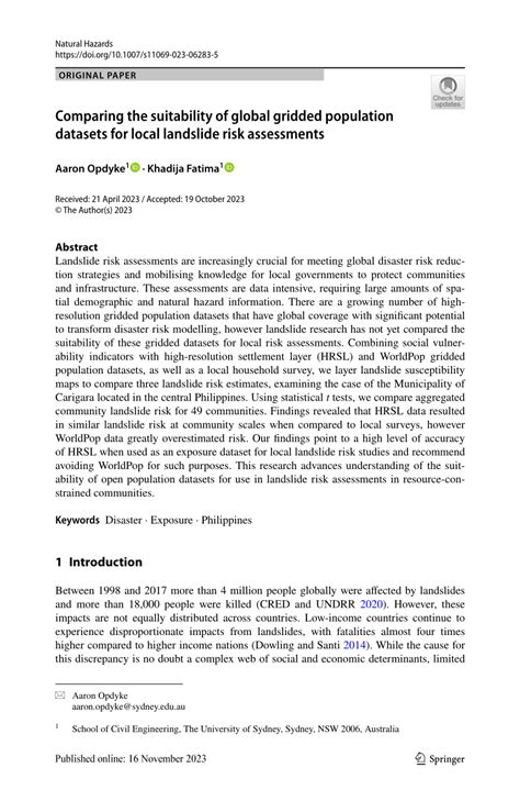 Pdf Comparing The Suitability Of Global Gridded Population Datasets For Local Landslide Risk