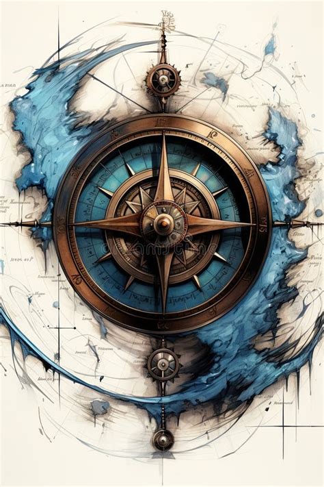 Nautcal Compass Blueprint Sketch Technical Drawing Exploration And