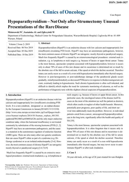 Hypoparathyroidism Not Only After Strumectomyunusual Presentations Of The Rare Disease Pdf