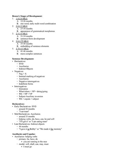 Syntax Lecture Notes Browns Stages Of Development 10 2 Mlu A 12
