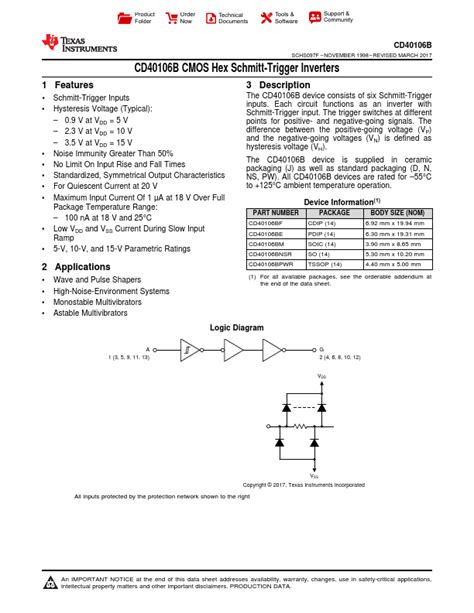Cd40106be Datasheet Pdf Cmos Hex Schmitt Trigger Inverters Texas Instruments