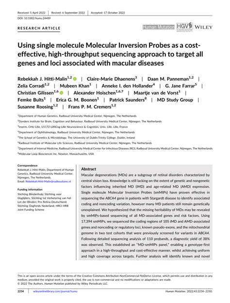 Pdf Using Single Molecule Molecular Inversion Probes As A Cost‐effective High‐throughput