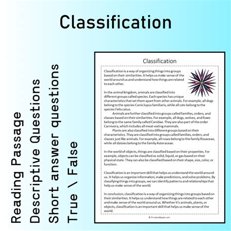 Classification Reading Comprehension Passage Printable Worksheet