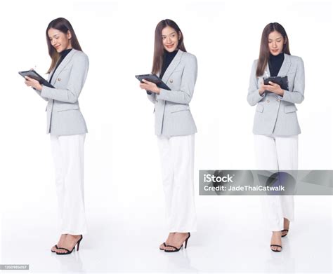 콜라주 그룹 전체 길이 그림 스냅 의 20 대 아시아 여자 갈색 머리 비즈니스 정장 바지 와 높은 흰색 배경에 대한 스톡 사진