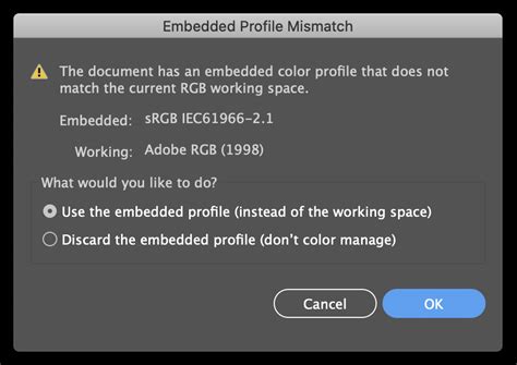 Cant Open Files With Embedded Profile Mismatch Adobe Community