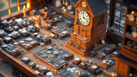 Antique Clock Workshop Filled With Vintage Timepieces Stock