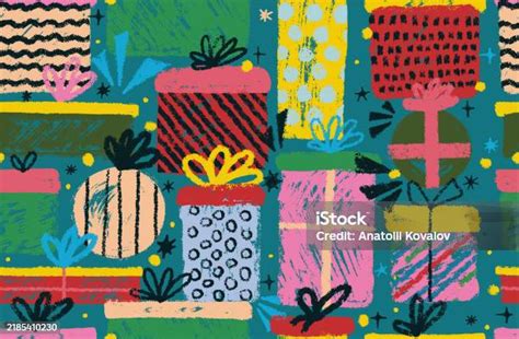 완벽 한 빈티지 크리스마스는 패턴 일러스트를 제공합니다 브러쉬 스트로크 선물 상자 다채로운 벡터 완벽 한 패턴 리본을 가진 손