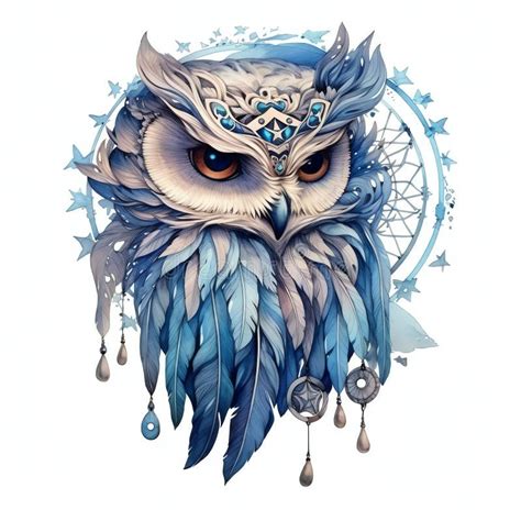 Cloud Owl Feather Fantasy Sky Night Gazing Watercolor Stock