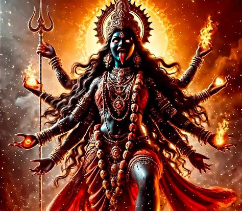 Fierce Goddess Kali With Multiple Arms Holding Fire And Trident