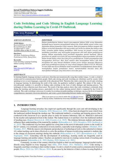 pdf code switching and code mixing in english language learning during online learning in