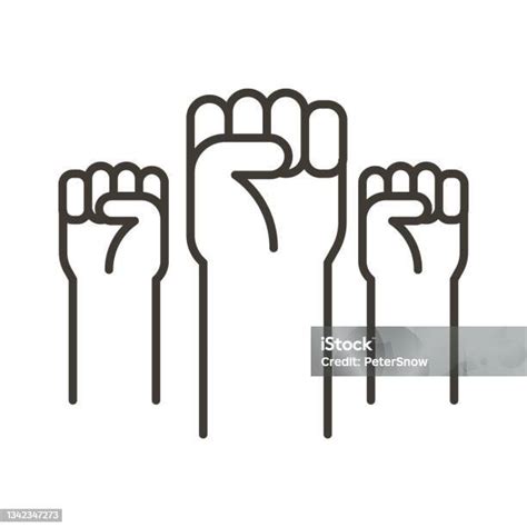 주먹을 쥐고 팔을 들어 올렸다 혁명 사회 문제 폭동 힘 및 성공의 개념을위한 벡터 얇은 라인 아이콘 군중 전원 표지판 자신감에 대한 스톡 벡터 아트 및 기타 이미지 Istock