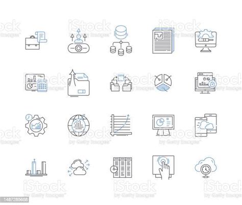 데이터 포인트 및 메커니즘 라인 아이콘 컬렉션 회귀 분석 샘플링 인과 관계 예측 설명 추론 벡터 및 선형 그림 관찰 통계 실험 개요 표지판 세트 데이터에 대한 스톡 벡터