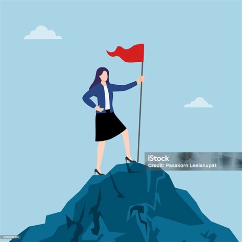 언덕 꼭대기에 깃발을 올리는 여자 자연 속에서 야외에서 깃발을 흔들며 심는 성공적인 사업가 여성의 성공 성취 경력 목표 및 역경 극복 개념 벡터 일러스트 레이 션 산에 대한
