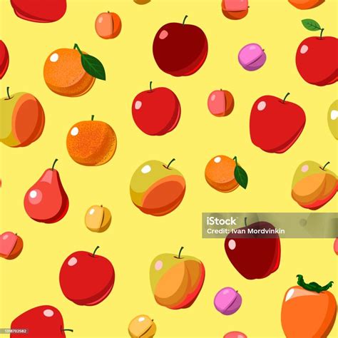 가장 인기있는 빨간색과 노란색 과일은 과일 나무입니다 원활한 배경 이미지 만화 플랫 스타일 사과 배 자두 바나나 오렌지 레몬 감