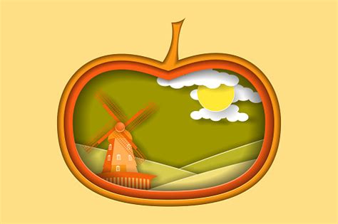 풍차와 큰 호박이을 시골 풍경 종이 잘라 모양 레이어 시골 디자인으로 가을에 대한 스톡 벡터 아트 및 기타 이미지 가을 공예 과수원 Istock