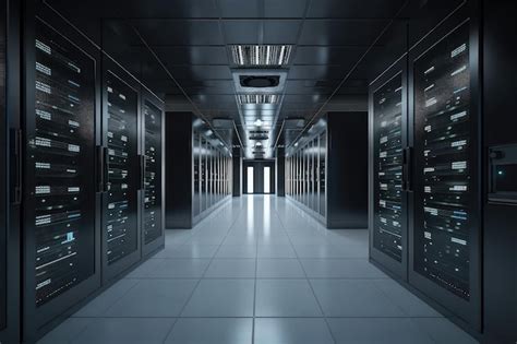 서버 행과 장비 랙이 있는 하이테크 스토리지 데이터 센터 프리미엄 사진