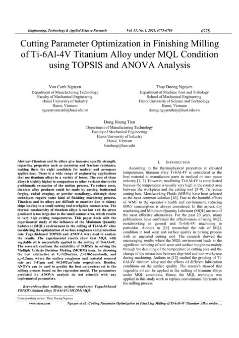 Pdf Cutting Parameter Optimization In Finishing Milling Of Ti 6al 4v Titanium Alloy Under Mql