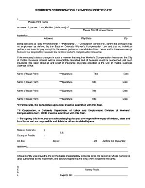 Colorado Workers Compensation Exemption Certificate Blank Fillable