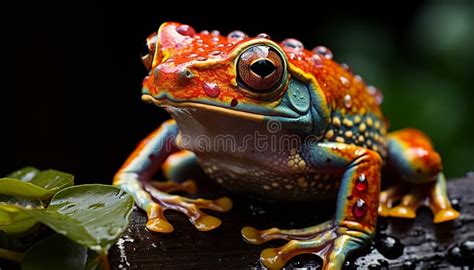 Cute Toad Sitting On Wet Leaf Looking At Water Generated By Ai Stock