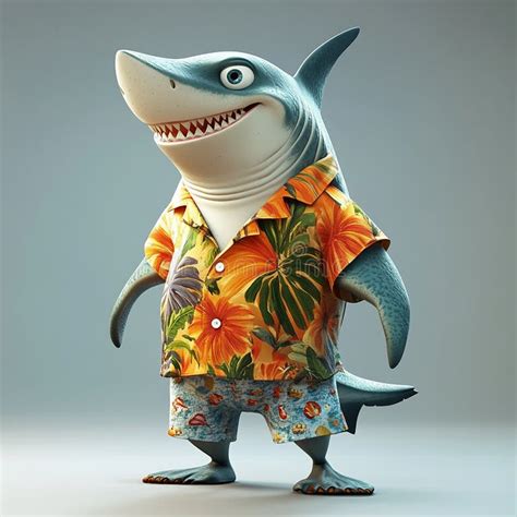 Cartoon Shark Wearing A Hawaiian Shirt Ready For Vacation Stock