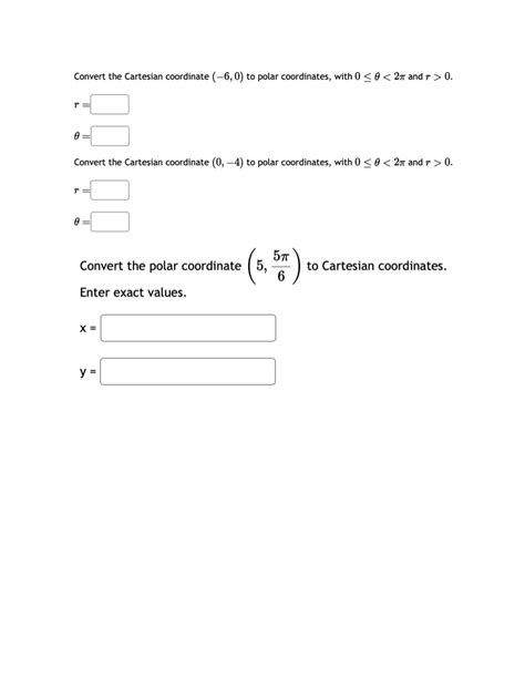 solved convert the cartesian coordinate −6 0 to polar