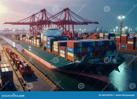 Dynamic Container Ship Operations At Bustling International Freight Port Stock Illustration