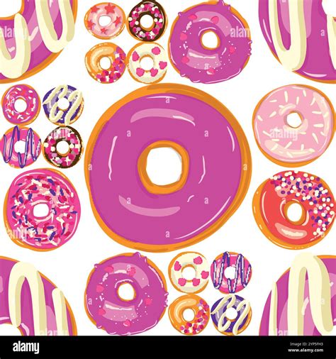 Seamless Donut Pattern On White Background With Various Pink And Chocolate Toppings Stock Vector