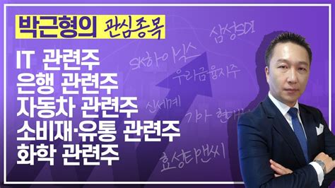 박근형의 관심종목 It 관련주은행 관련주자동차 관련주소비재·유통 관련주화학 관련주sk하이닉스 Lg전자삼성sdi신한지주기아 현대차금호석유 롯데케미칼