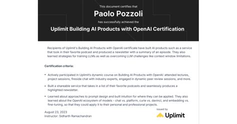 paolo pozzoli on linkedin building ai products with openai certificate paolo pozzoli uplimit