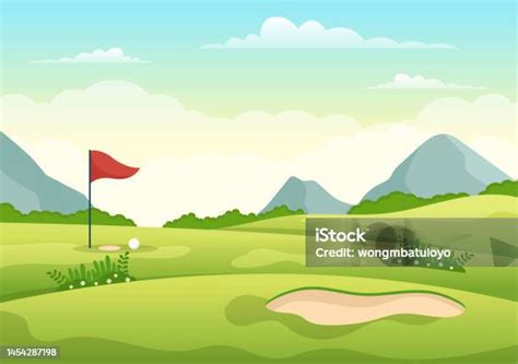 깃발 카트 막대기 녹색 필드 및 모래 벙커가 있는 골프 스포츠 삽화는 평평한 만화 손으로 그린 템플릿에서 야외 재미 또는 라이프