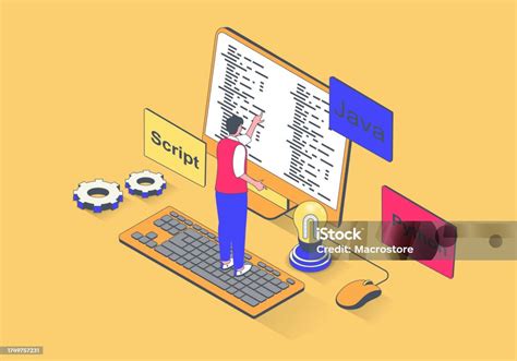 Programming Concept In 3d Isometric Design Man Working With Code Coding