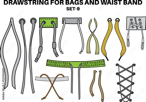 Drawstring Cord Flat Sketch Vector Illustrator Set Of Draw String With Aglets For Waist Band