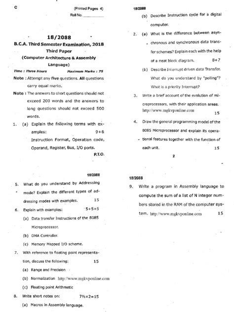 Bca 3 Sem Computer Architecture And Assembly Language Paper 3 2018 Pdf