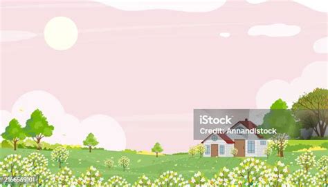 공원에 꽃과 봄 풍경 구름 분홍색 하늘 언덕에 여름 녹색 잔디 초원의 벡터 일러스트 레이 션 부활절 배너에 대한 화창한 날에 마을의 정원에 자연 농장 잔디밭 필드 0명에
