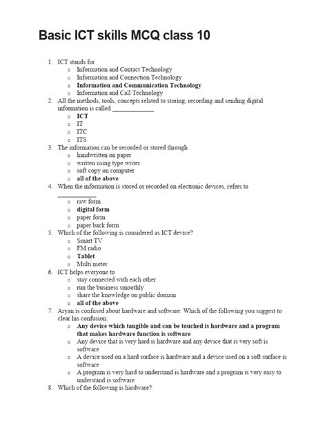 Basic Ict Skills Mcq Class 10 Information And Communication Technology Pdf Computer Virus