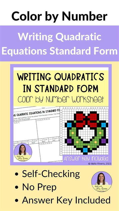 Writing Quadratic Equations In Standard Form Color By Number Pixel Art Worksheet Made By