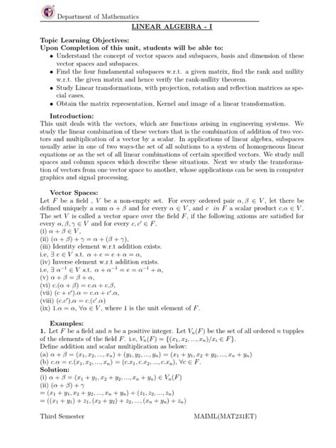 Mat231et Unit 4 Lecture Notes Pdf Linear Map Linear Subspace