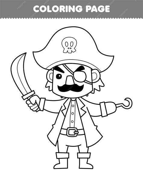 귀여운 만화 해적 선장 라인 아트 인쇄 가능한 해적 워크시트의 어린이 색칠 페이지를 위한 교육 게임 프리미엄 벡터
