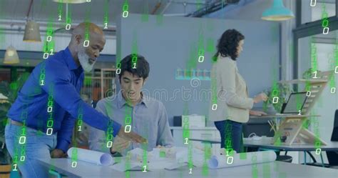 Binary Code Image Over Diverse Engineers Working On Architectural Plans