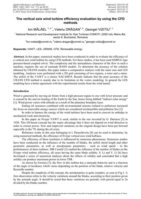 Pdf The Vertical Axis Wind Turbine Efficiency Evaluation By Using The Cfd Methods