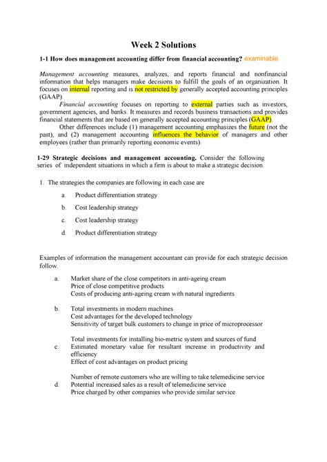 Week 2 Tutorial Solutions Week 2 Solutions Management Accounting Measures Analyzes And