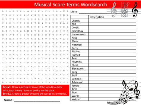 Musical Score Terms Wordsearch Music Notation Starter Settler Activity