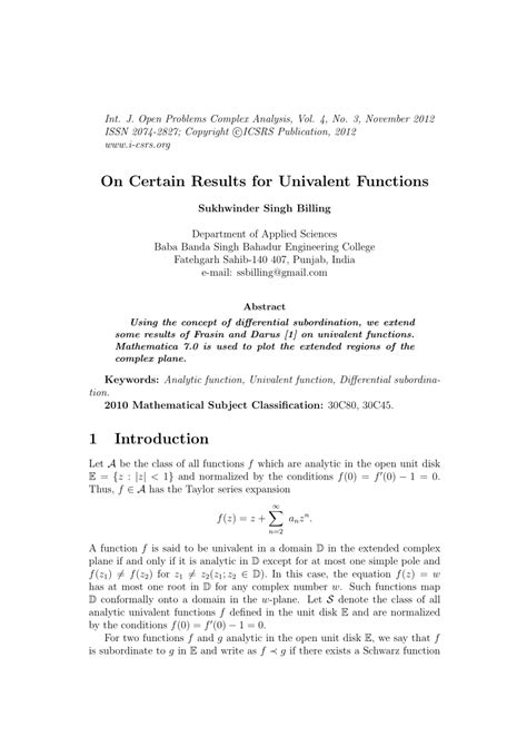 Pdf On Certain Results For Univalent Functions