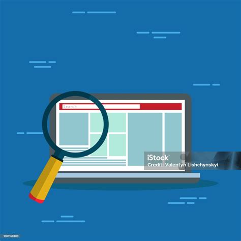 노트북과 파란색 배경에 돋보기입니다 벡터 일러스트 레이 션 고객에 대한 스톡 벡터 아트 및 기타 이미지 고객 노트북 돋보기 광학 기기 Istock