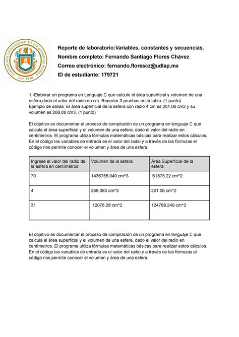 Reporte De Laboratorio Variables Constantes Y Secuencias Nombre Completo Fernando Santiago