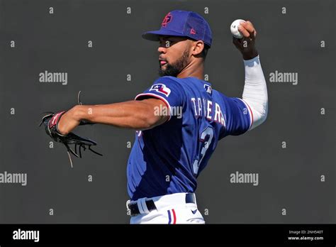 Texas Rangers Leody Taveras Throws During Spring Training Baseball