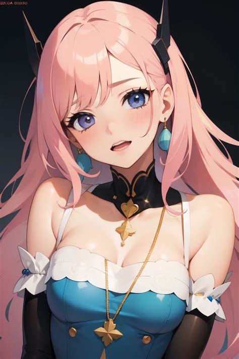 파란 드레스를 입고 분홍색 머리와 파란 눈을 가진 여자 Seaart Ai