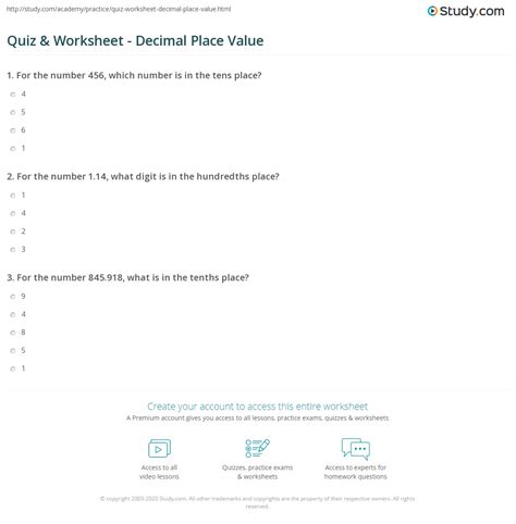 Quiz And Worksheet Decimal Place Value Quiz And Worksheet Decimal Place Value