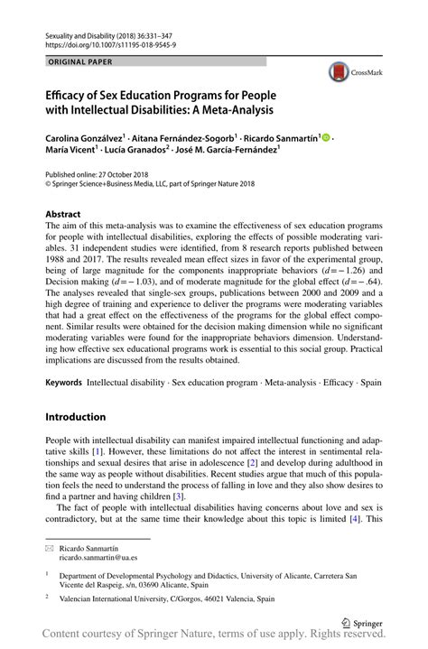 Efficacy Of Sex Education Programs For People With Intellectual Disabilities A Meta Analysis