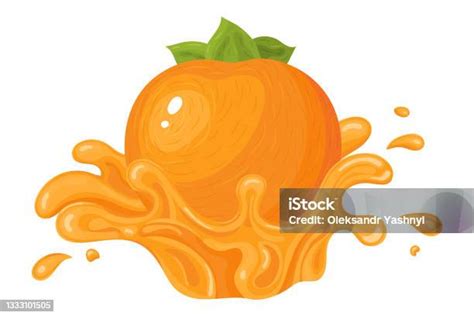 흰색 배경에 고립 된 신선한 밝은 전체 감 주스 스플래시 버스트 여름 과일 주스 만화 스타일 모든 디자인에 대한 벡터 그림입니다 0명에 대한 스톡 벡터 아트 및 기타 이미지